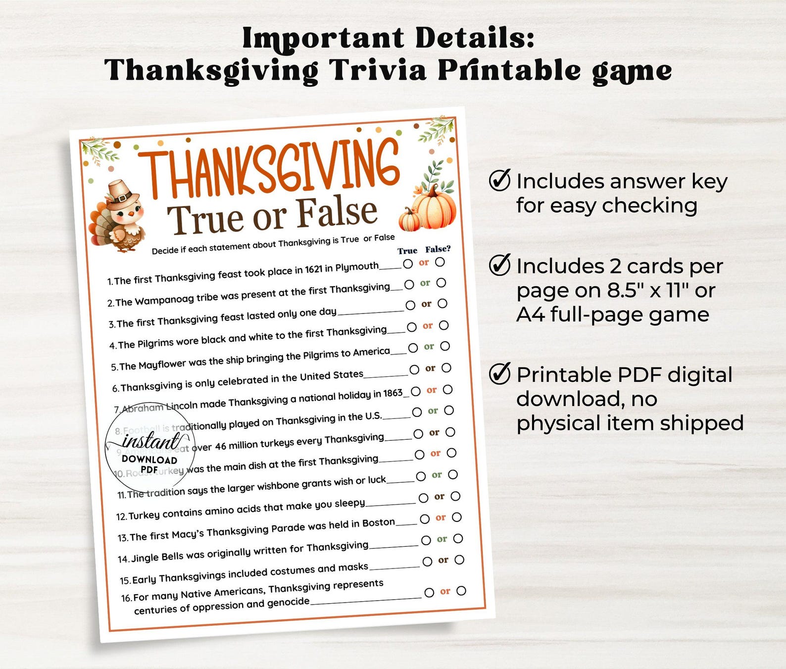 Thanksgiving Trivia Game: True or False Quiz (PDF Printable) - Etsy
