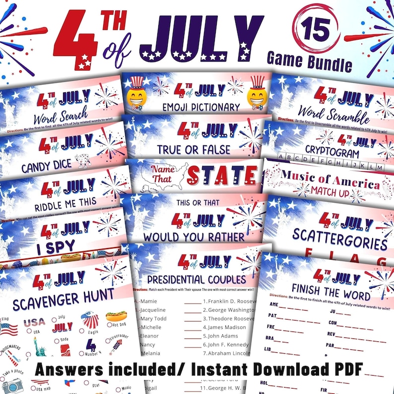 Fourth of July Game Bundle, Printable Fourth of July Games, Activities ...