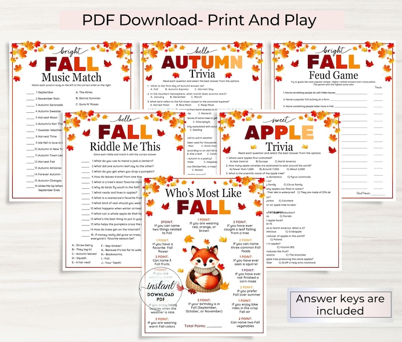 Fall Games Bundle: 65 Printable Activities, Seasonal Trivia, Party ...