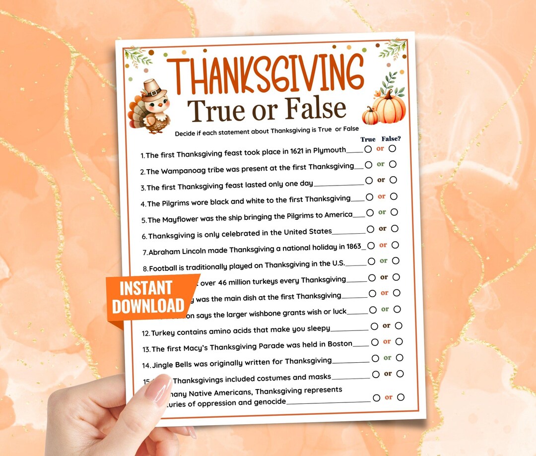 Thanksgiving Trivia Game: True or False Quiz (PDF Printable) - Etsy