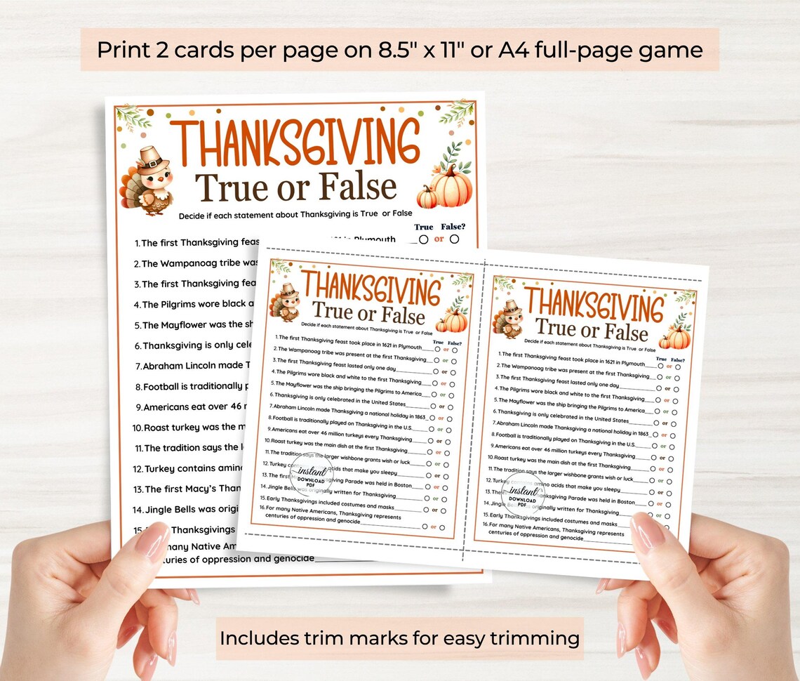 Thanksgiving Trivia Game: True or False Quiz (PDF Printable) - Etsy