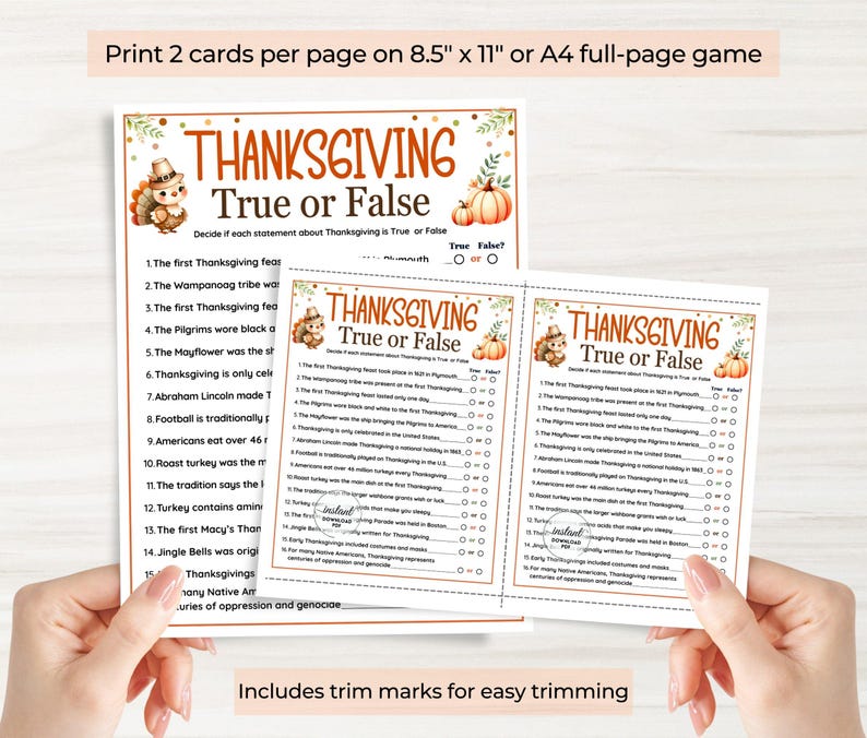 Thanksgiving Trivia Game: True or False Quiz (PDF Printable) - Etsy