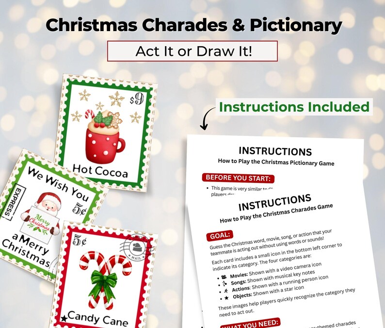 Christmas Charades Game: 90 Printable Cards for Holiday Party ...