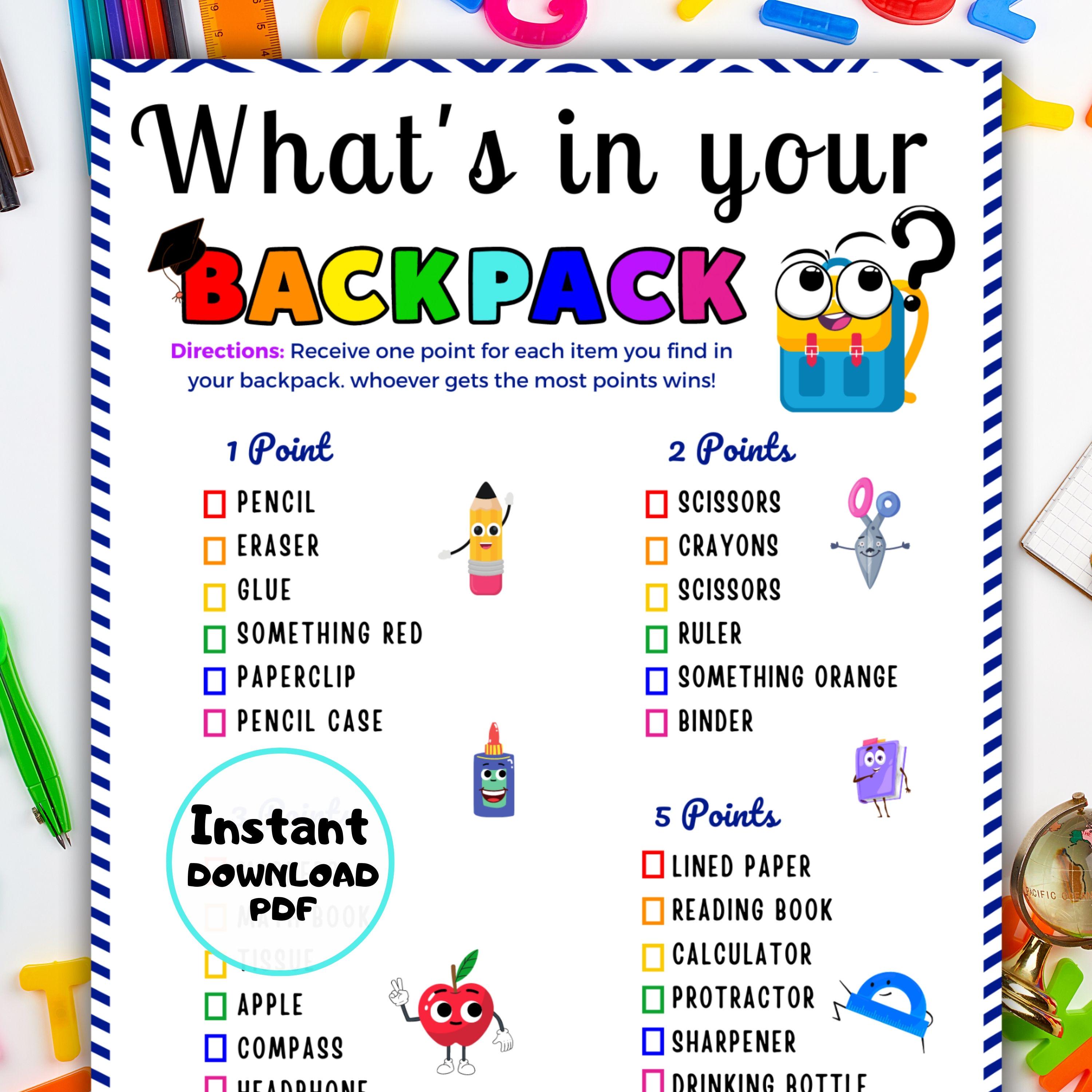 What's in Your Backpack, Printable Back to School Game, School ...