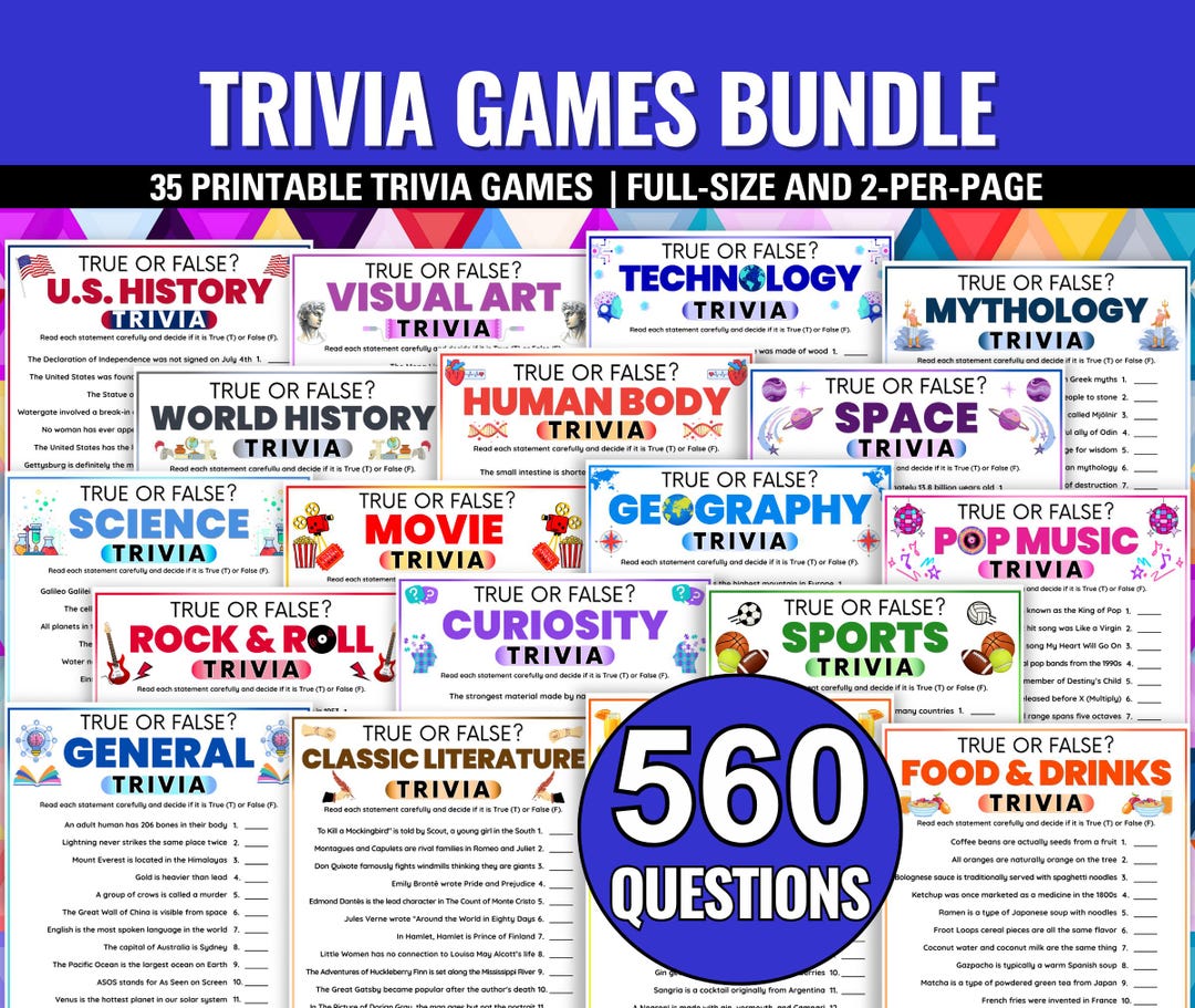 True or False Trivia Games Bundle: 560 Questions, Family Game Night ...
