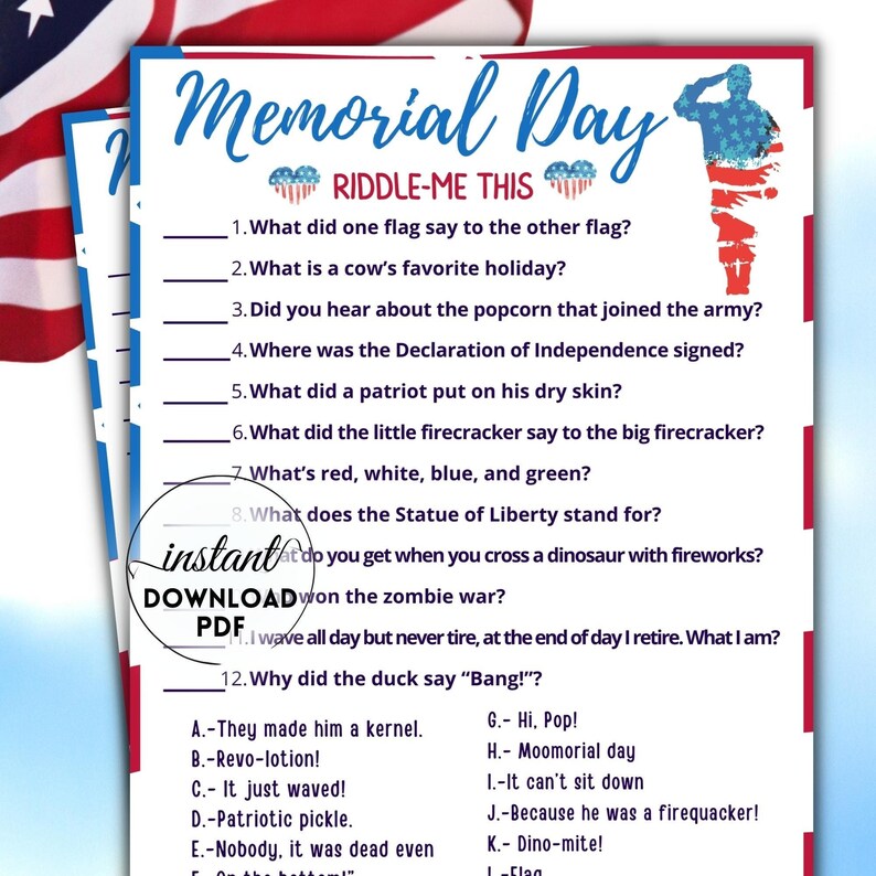 Memorial Day Riddles, Printable Family Game, Memorial Day Games ...