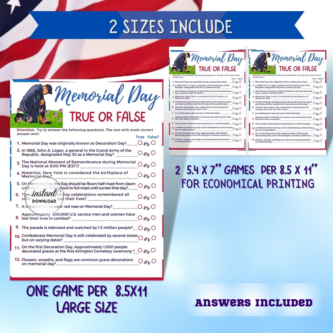 Memorial Day Trivia Game, True or False Game, Memorial Day Games ...