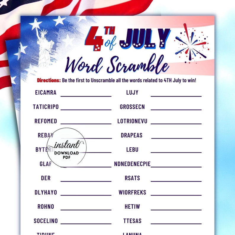 Fourth of July Word Scramble, Printable Fourth of July Game ...