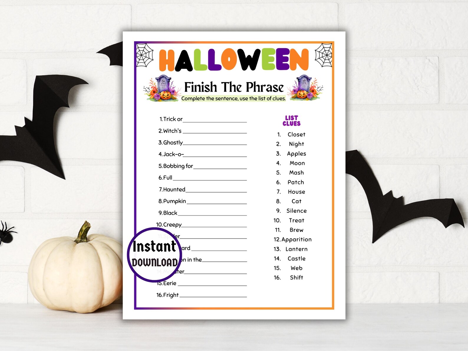 Finish the Phrase Halloween Game Printable, Halloween Printable for ...