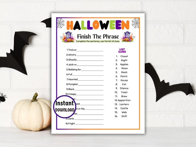 Finish the Phrase Halloween Game Printable, Halloween Printable for ...
