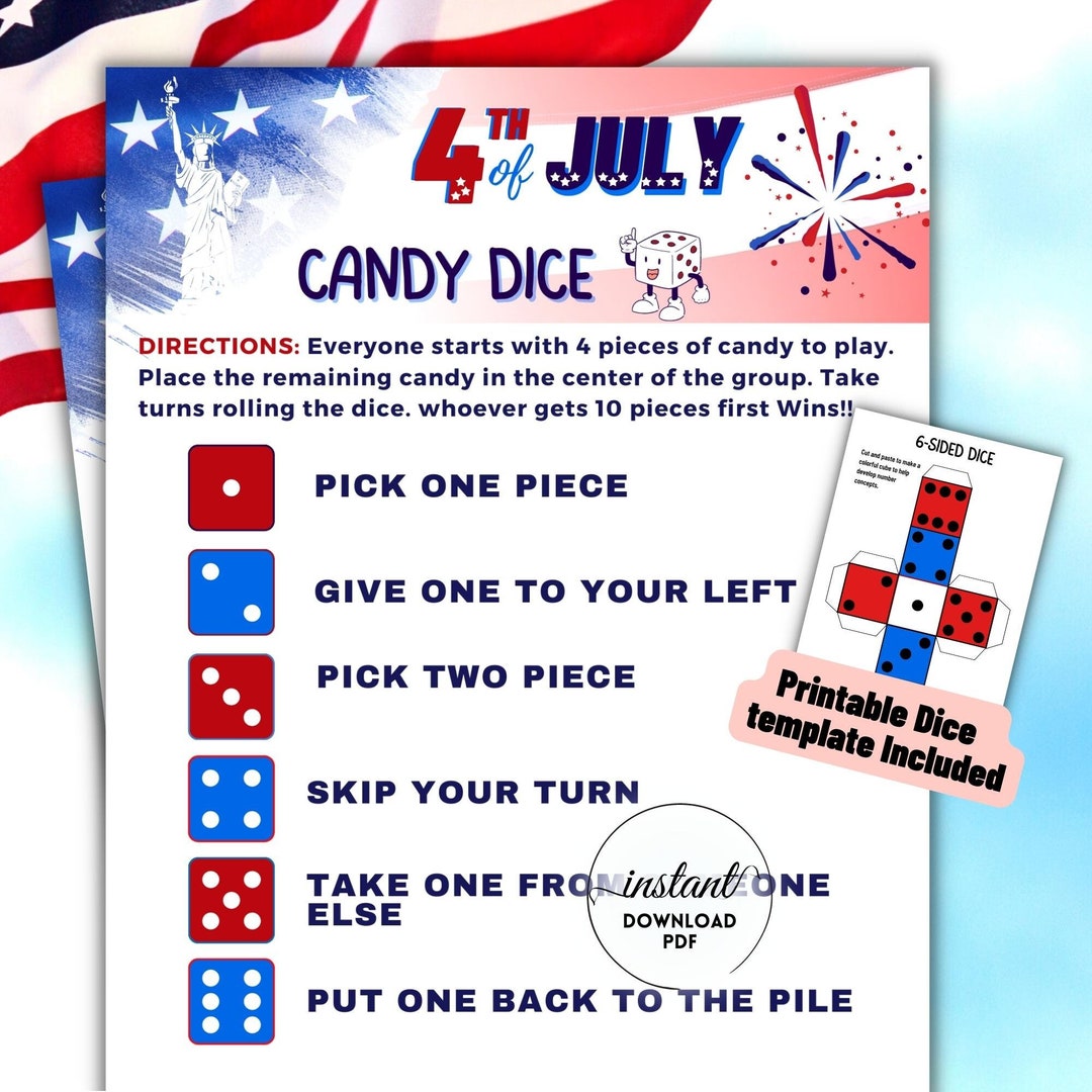 Fourth of July Candy Dice Game, Printable Paper Dice, Independence Day ...