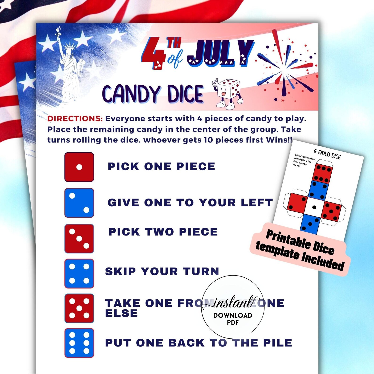 Fourth of July Candy Dice Game, Printable Paper Dice, Independence Day ...