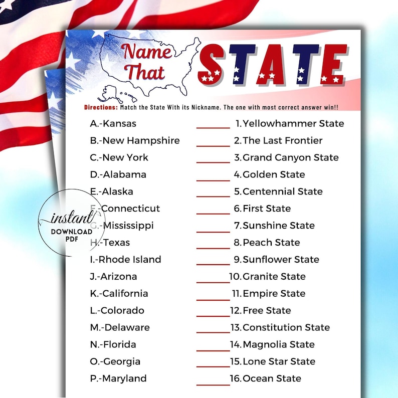 Fourth of July Name the State Game: Patriotic Party Activity (PDF) - Etsy