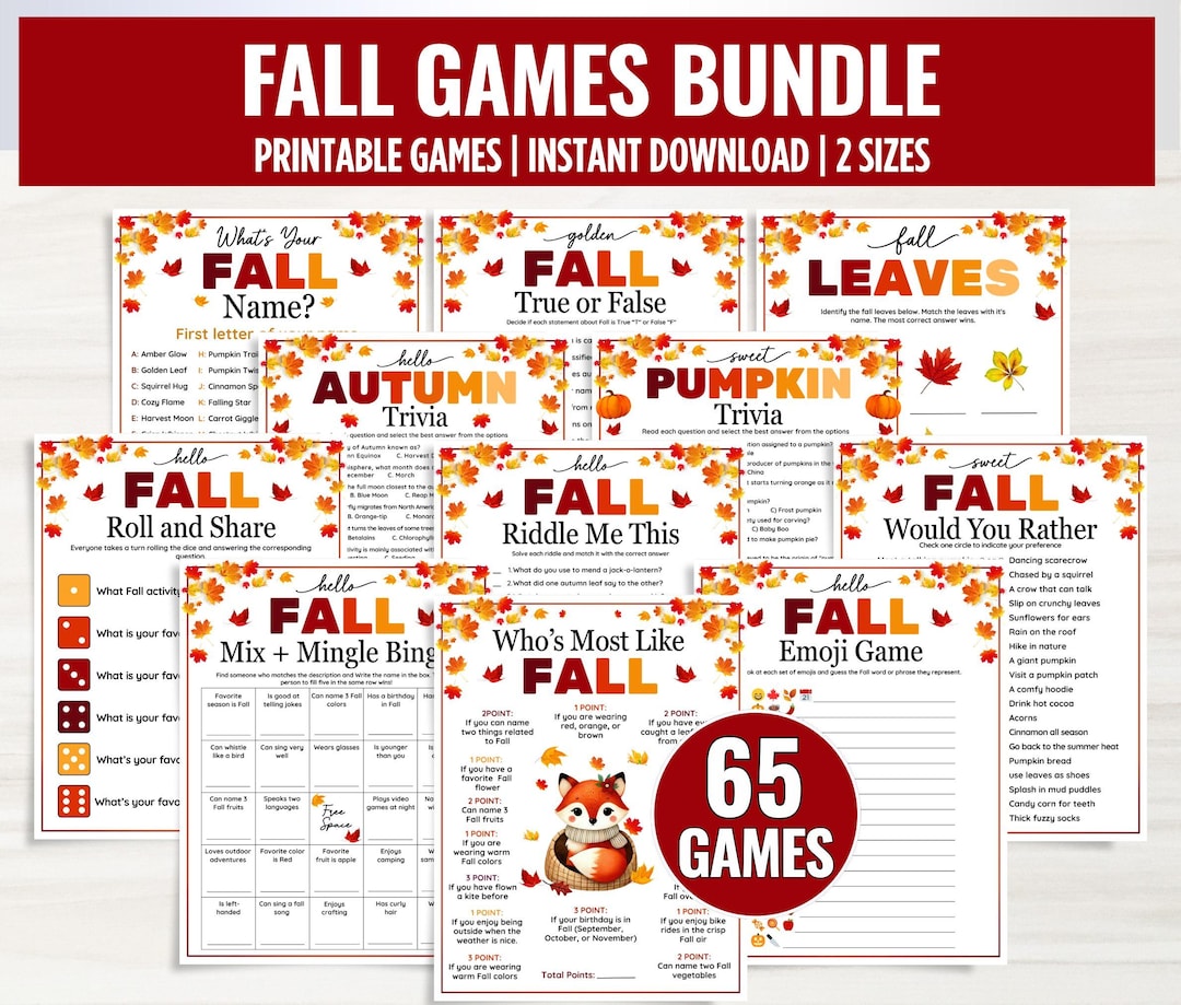 Fall Games Bundle: 65 Printable Activities, Seasonal Trivia, Party ...