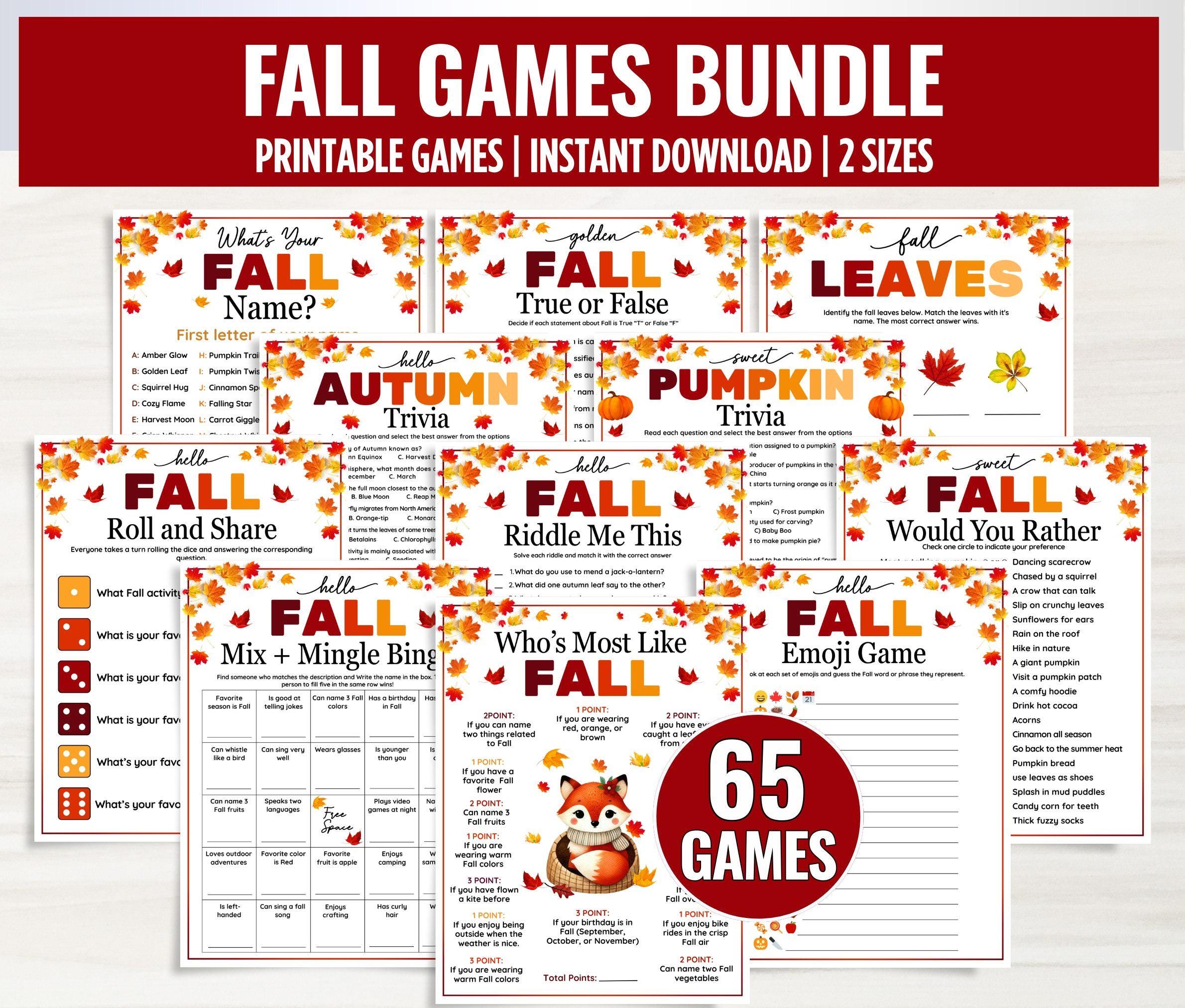 Fall Games Bundle: 65 Printable Activities, Seasonal Trivia, Party ...