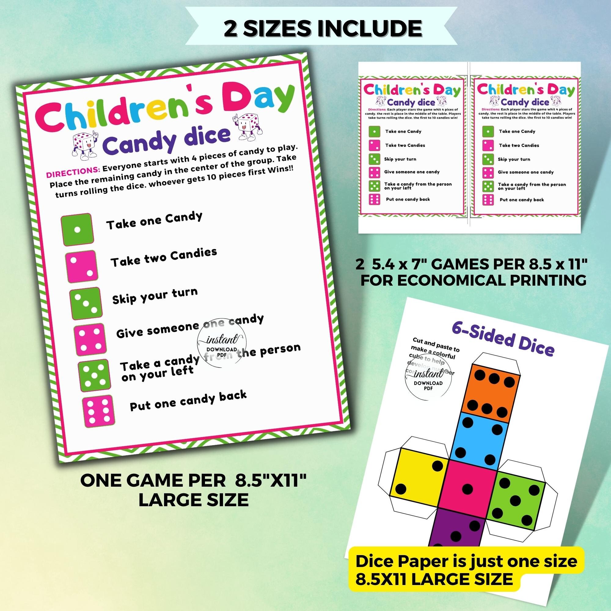 Candy Dice Game, Children's Day Game, Printable Paper Dice, Kids Party ...