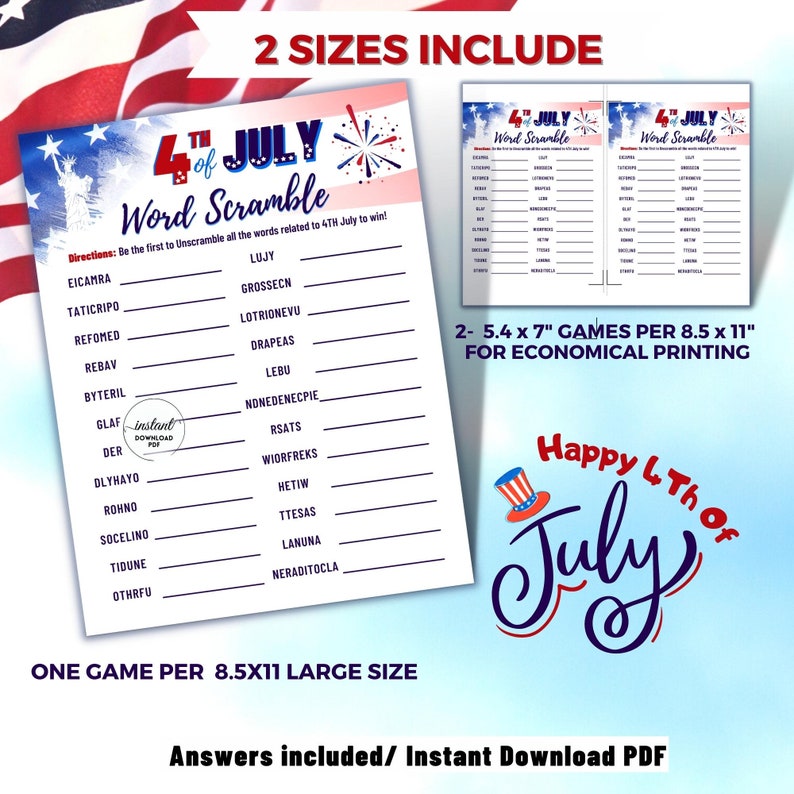 Fourth of July Word Scramble, Printable Fourth of July Game ...