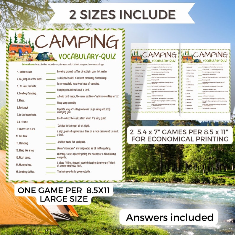 Camping Vocabulary Quiz, Trivia Game for Kids and Adults (PDF) - Etsy