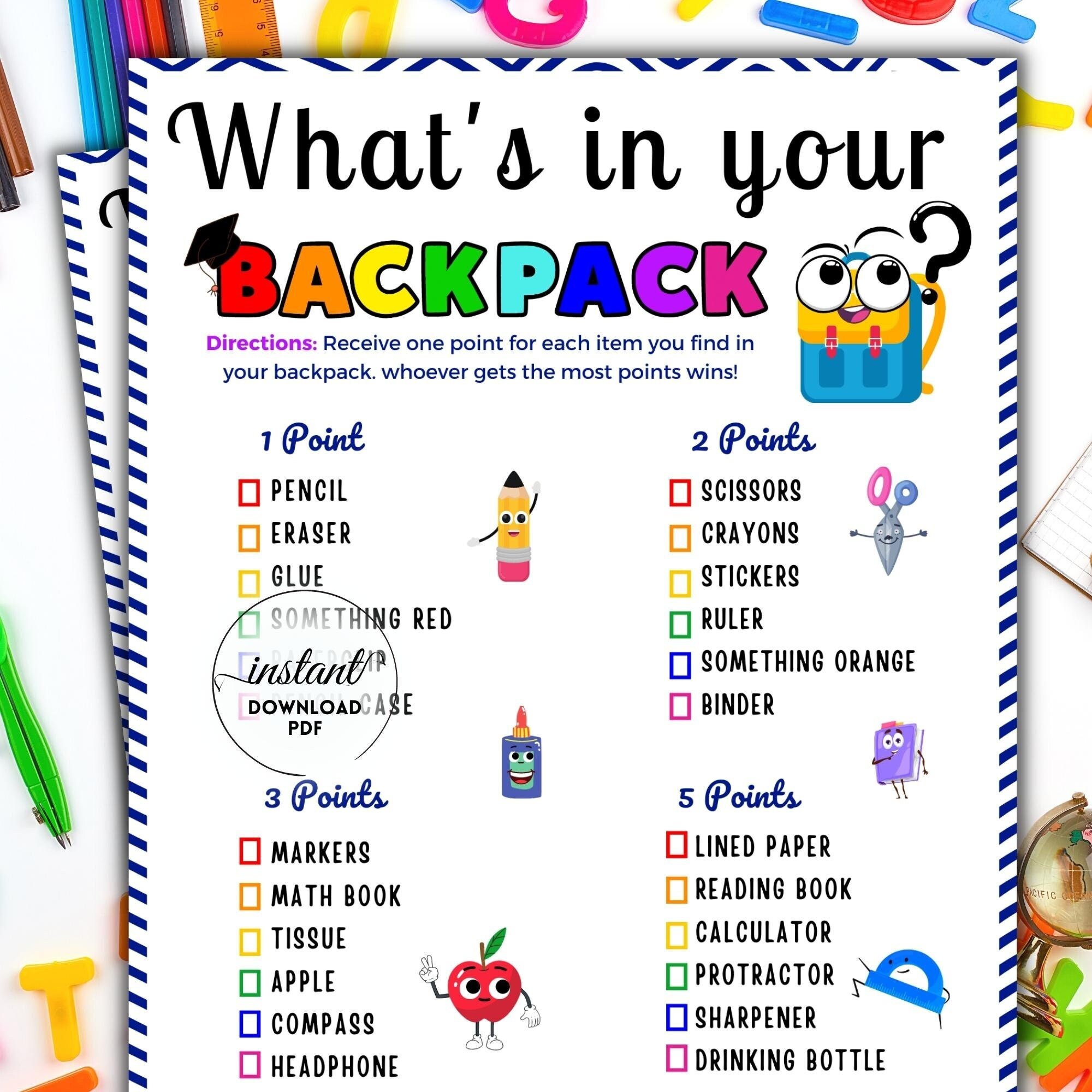 What's in Your Backpack, Printable Back to School Game, School ...