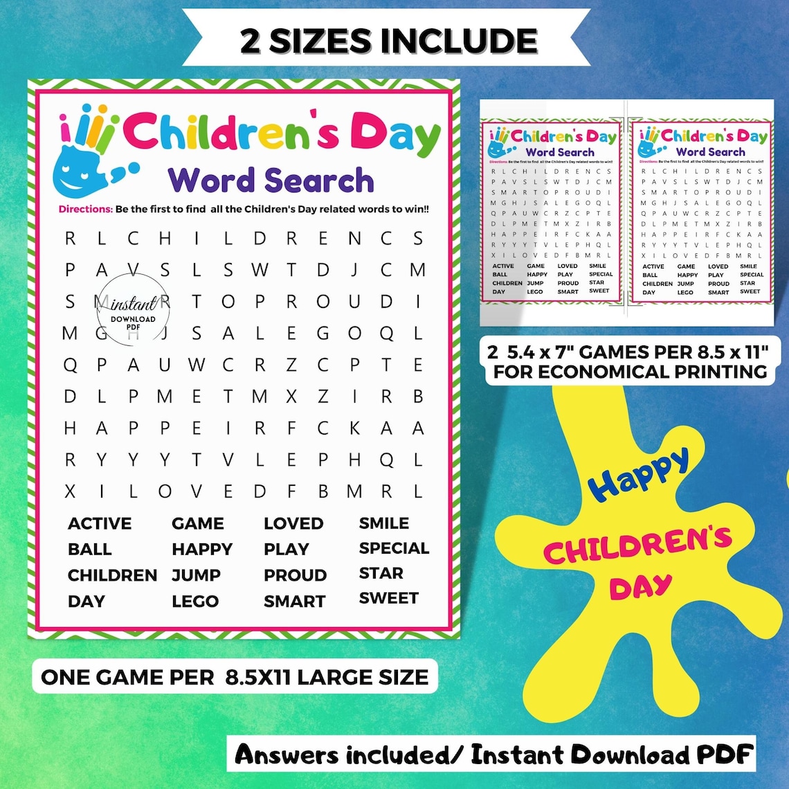 Children's Day Word Search, Party Games for Kids, Printable Word Search ...