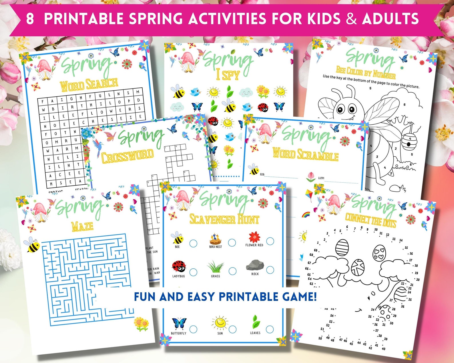 8 Spring Printable Game Bundle, Learning Pack, Fun Spring Party Game ...