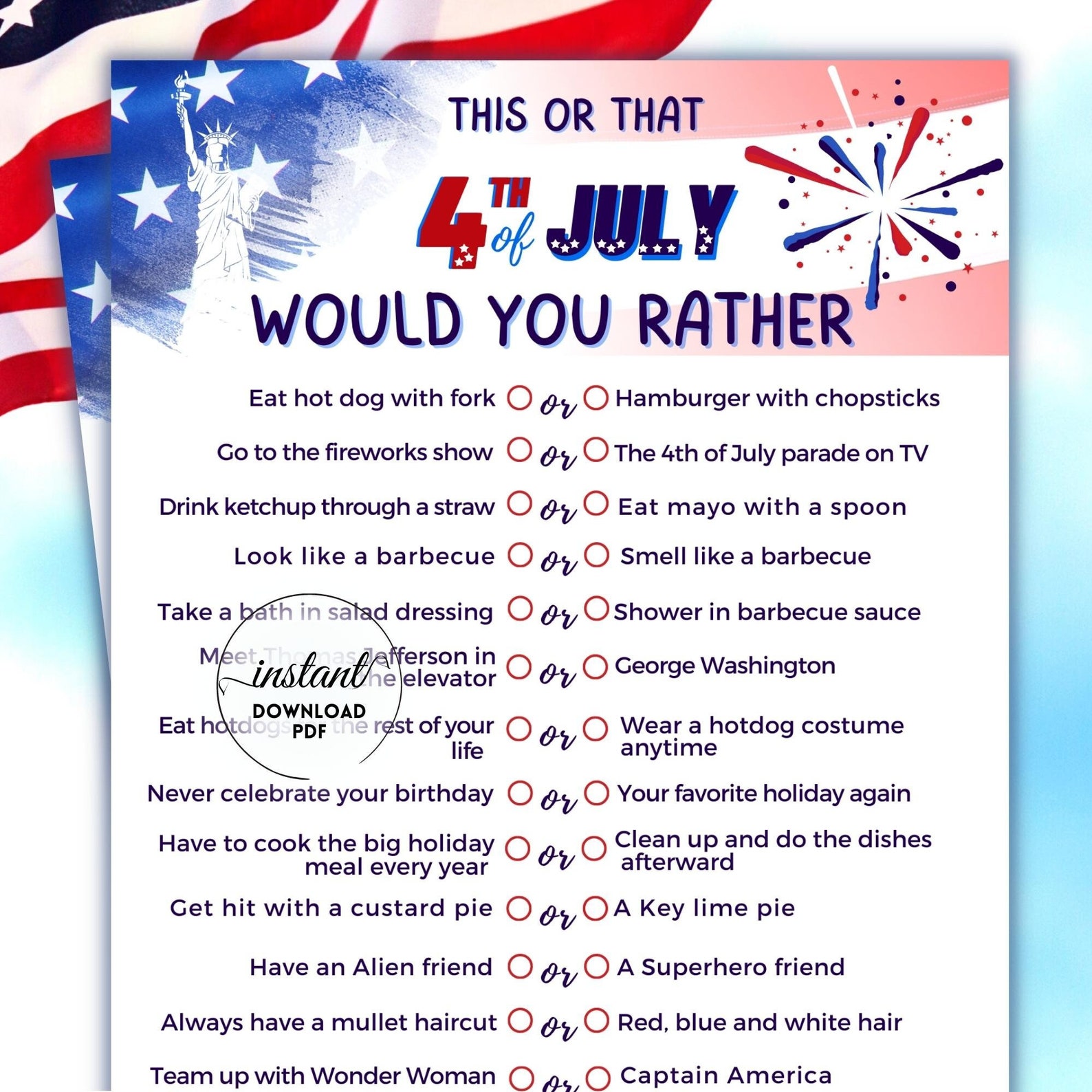 Fourth of July 'would You Rather' Game: USA Party Activity (PDF) - Etsy