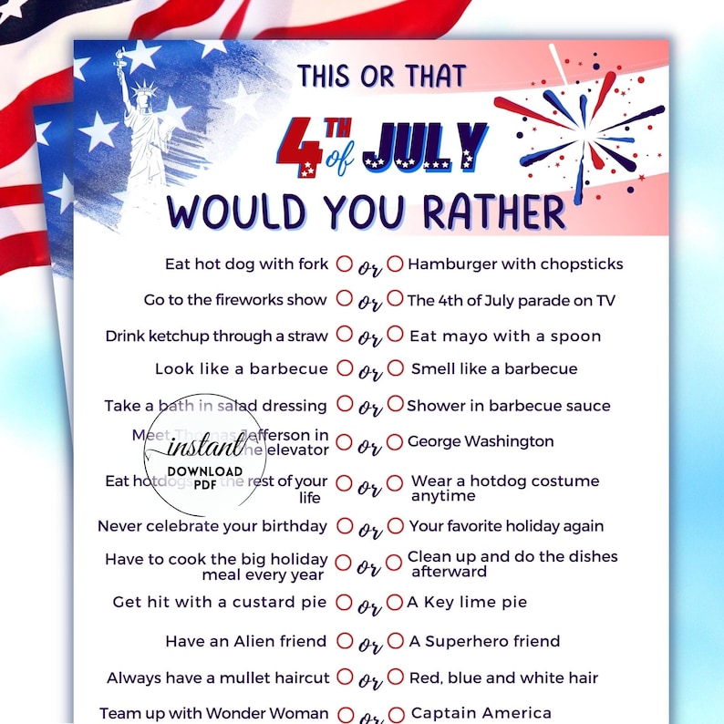 Fourth of July 'would You Rather' Game: USA Party Activity (PDF) - Etsy