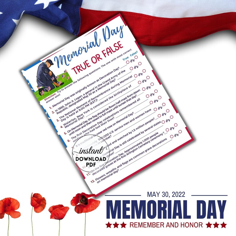 Memorial Day Trivia Game, True or False Game, Memorial Day Games ...