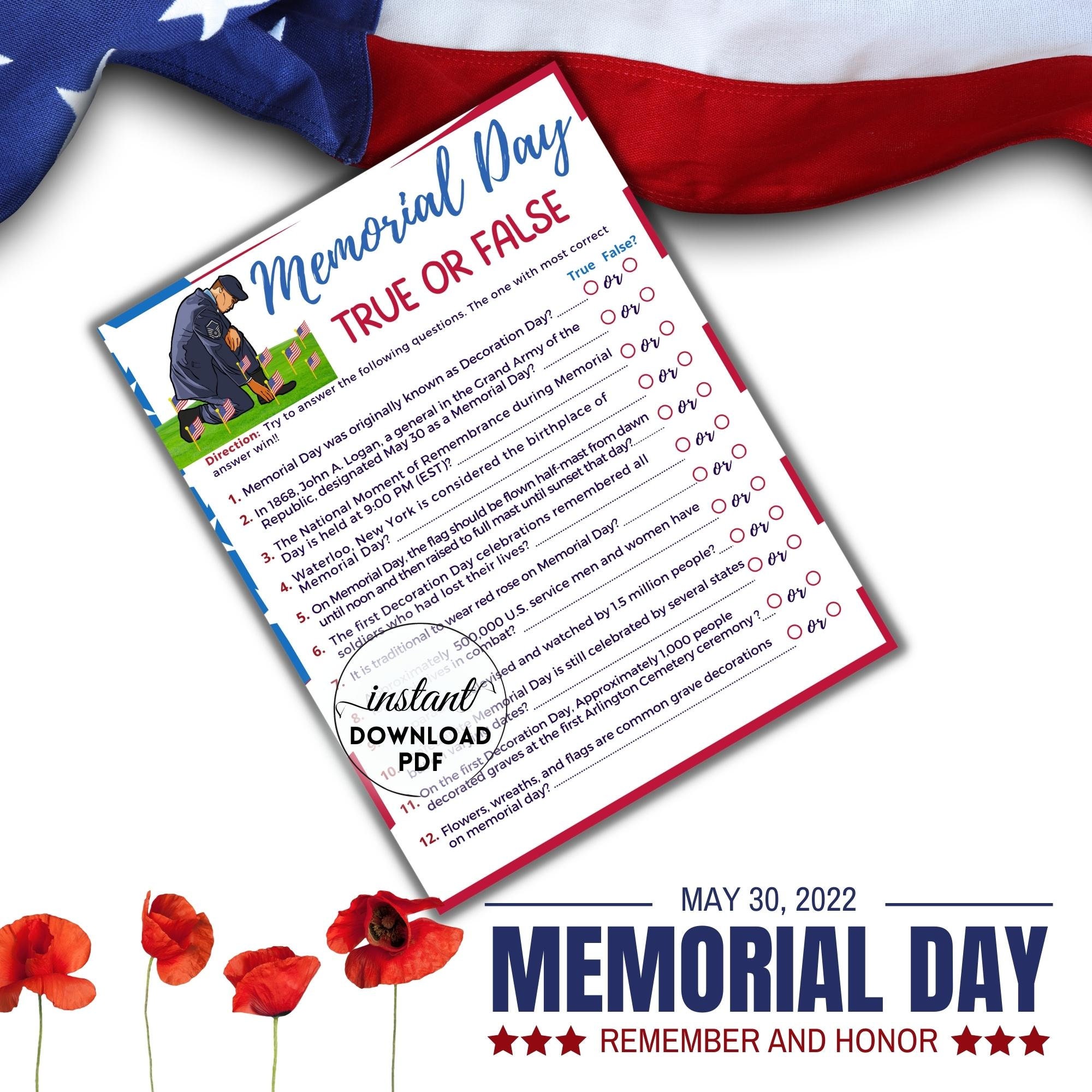 Memorial Day Trivia Game, True or False Game, Memorial Day Games ...