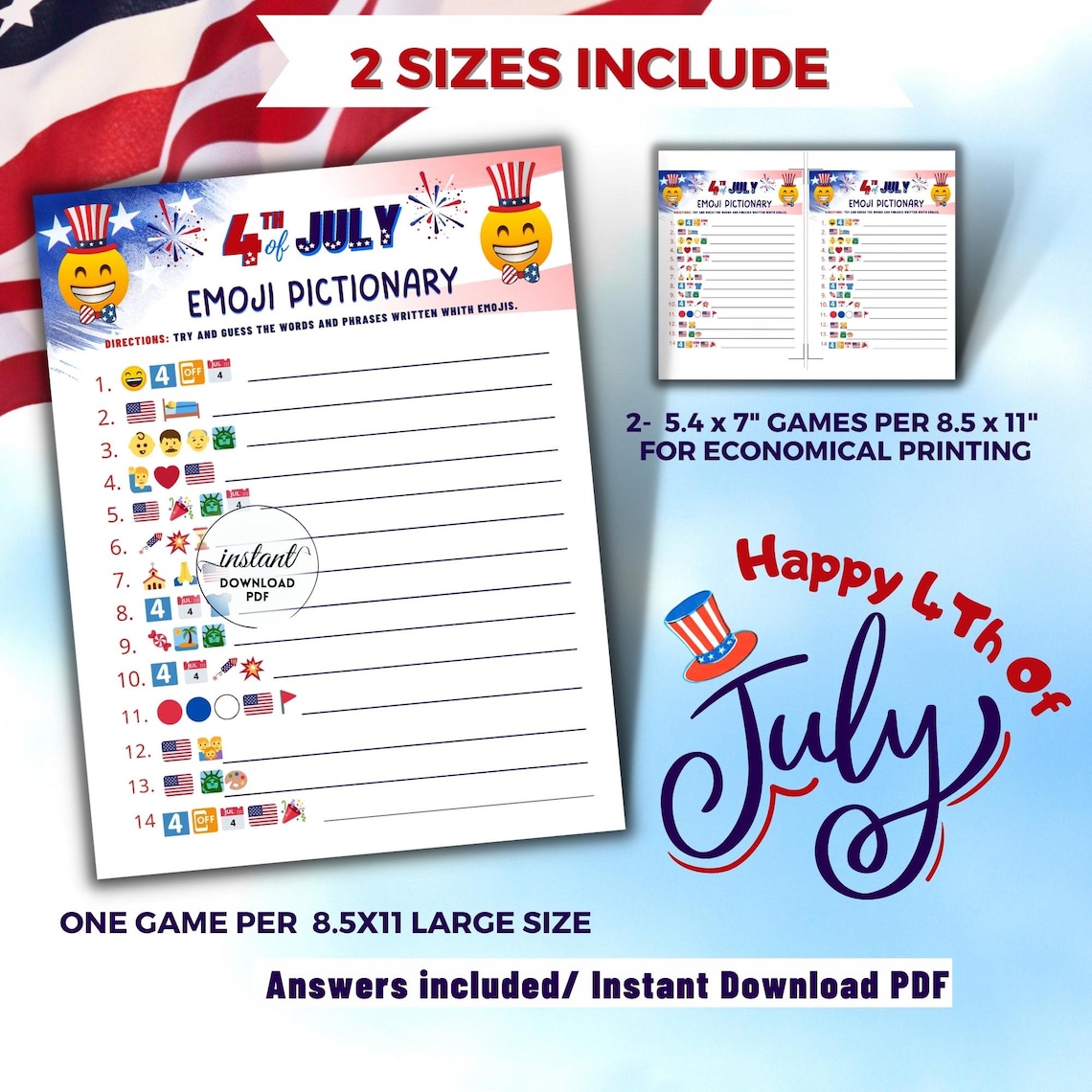 Fourth of July Emoji Pictionary, Printable Fourth of July Game ...