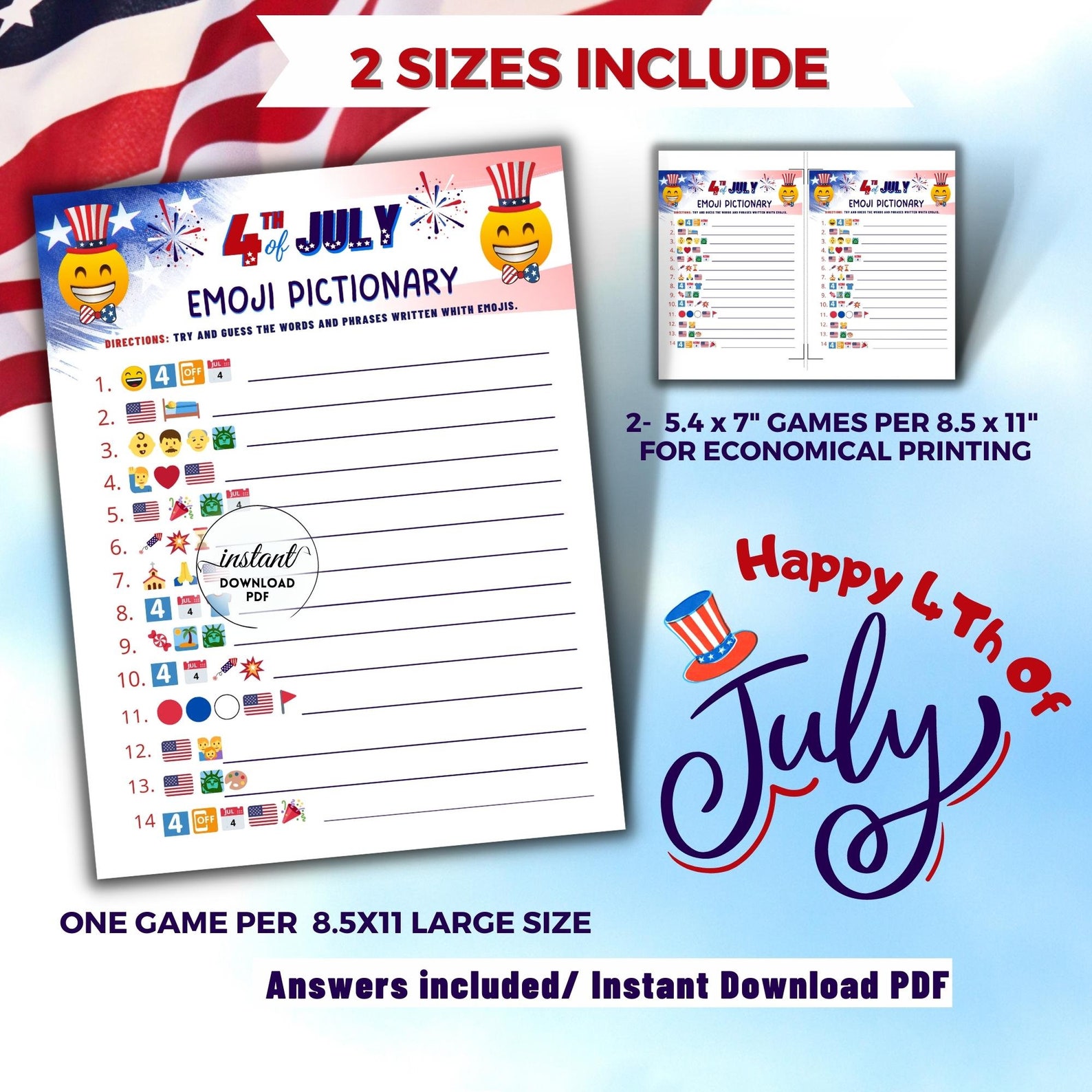 Fourth of July Emoji Pictionary, Printable Fourth of July Game ...