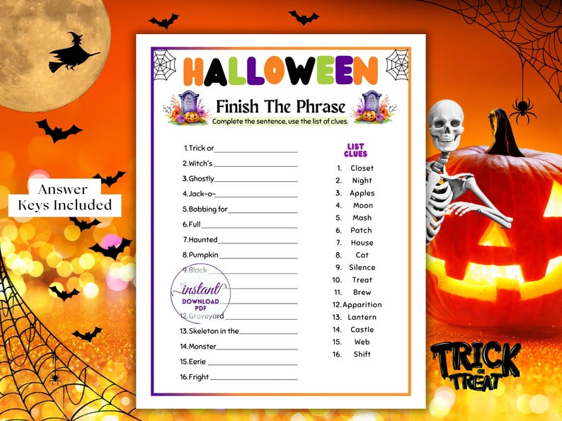 Finish the Phrase Halloween Game Printable, Halloween Printable for ...