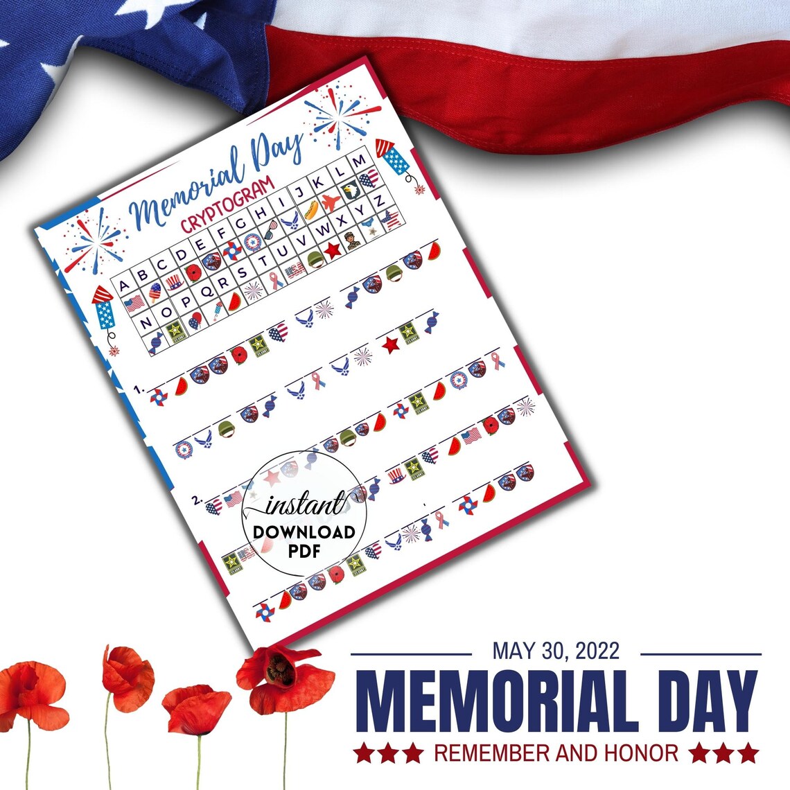 Memorial Day Cryptogram, Printable Memorial Day, Printable Family Game ...