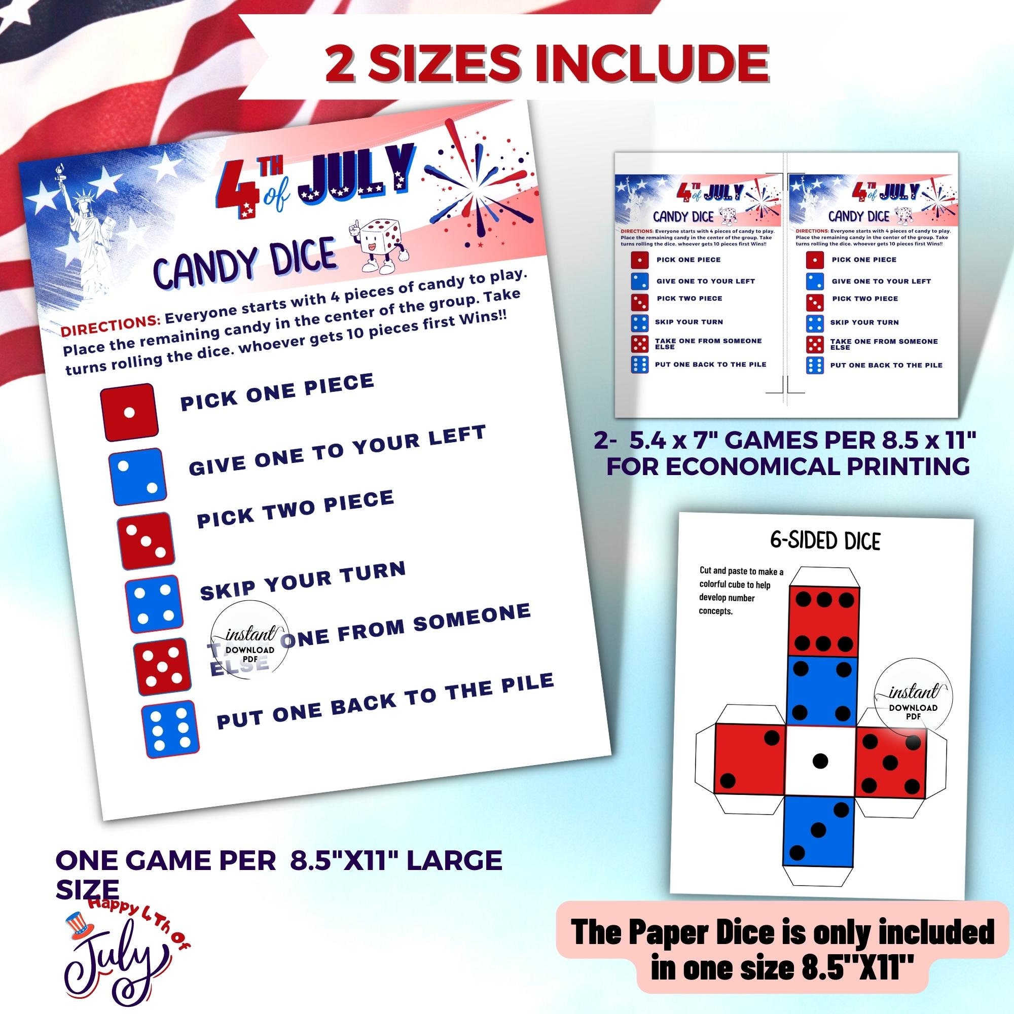 Fourth of July Candy Dice Game, Printable Paper Dice, Independence Day ...