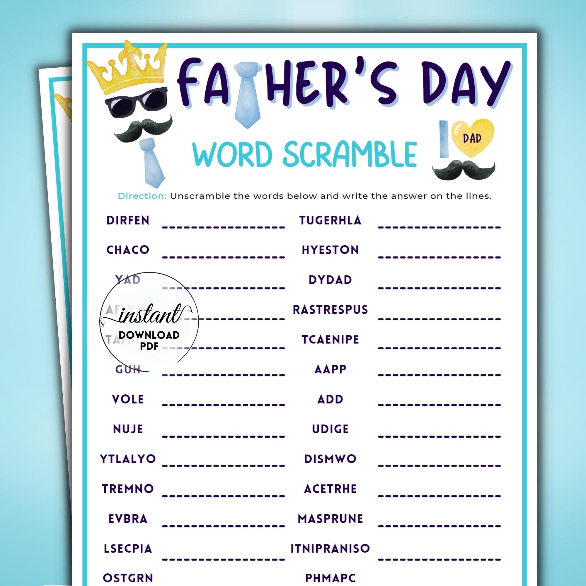 Father's Day Word Scramble, Dad Game, Father's Day Game Printable, Word ...
