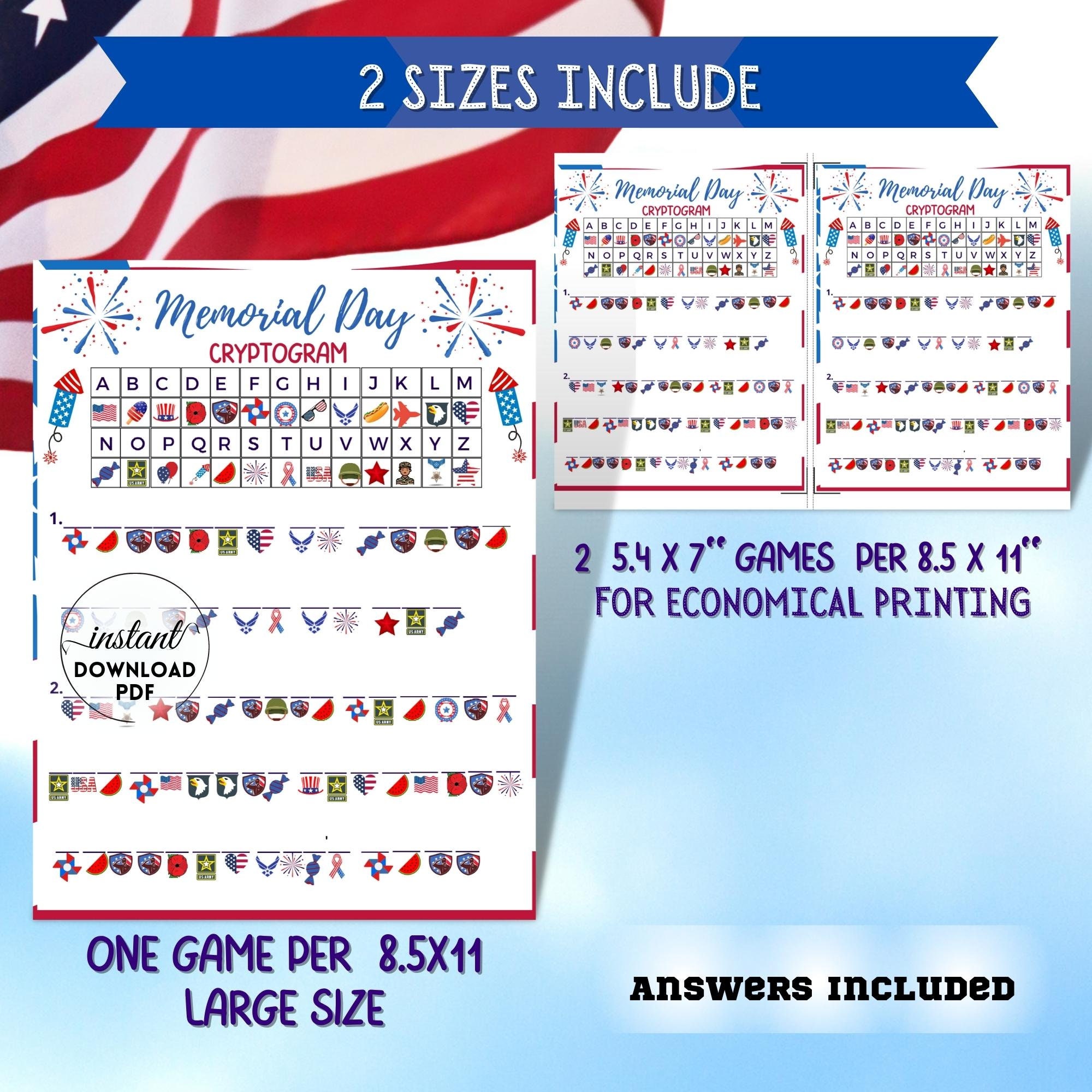 Memorial Day Cryptogram, Printable Memorial Day, Printable Family Game ...