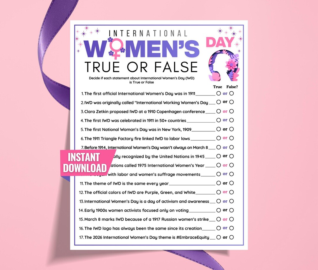 International Women's Day Trivia, Printable True or False Quiz, March 8 ...