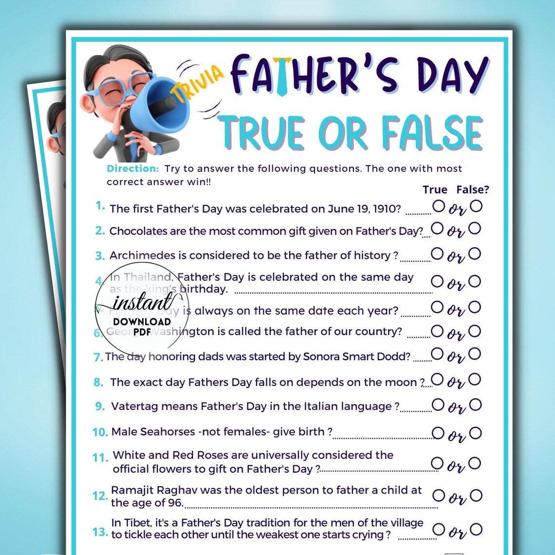 Father's Day Trivia Game, True or False Questionnaire Game, Fathers Day ...