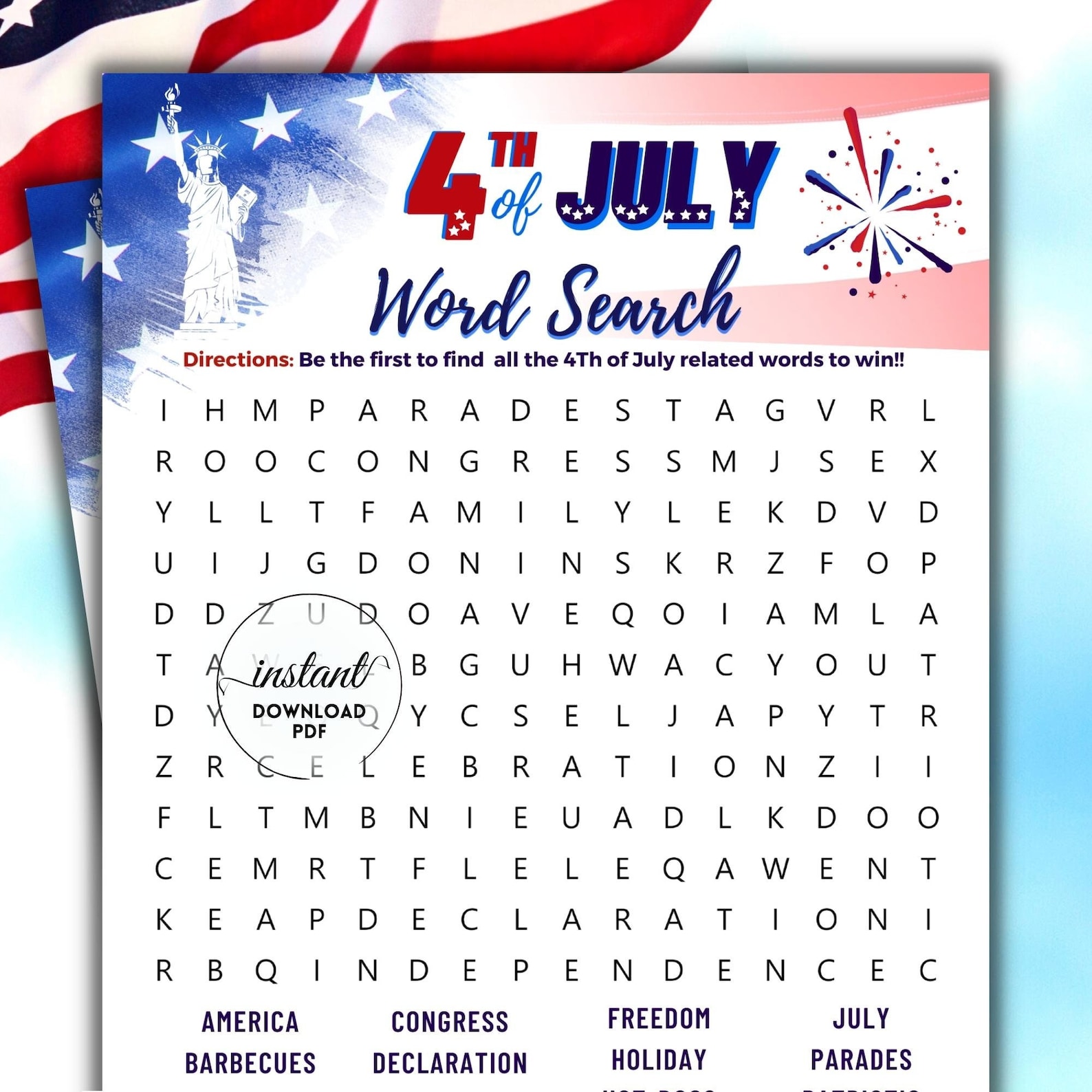 Fourth of July Word Search, Printable Fourth of July Game, Independence ...