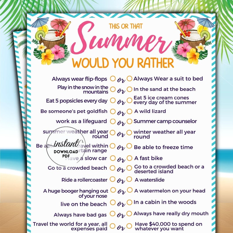 Summer This or That, Would You Rather Game, Printable Summertime Games ...