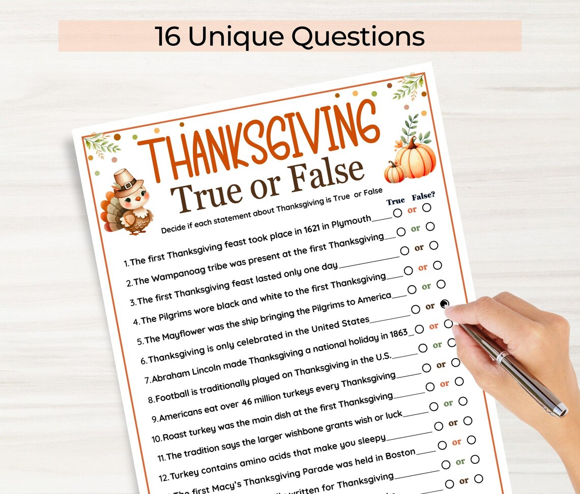 Thanksgiving Trivia Game: True or False Quiz (PDF Printable) - Etsy