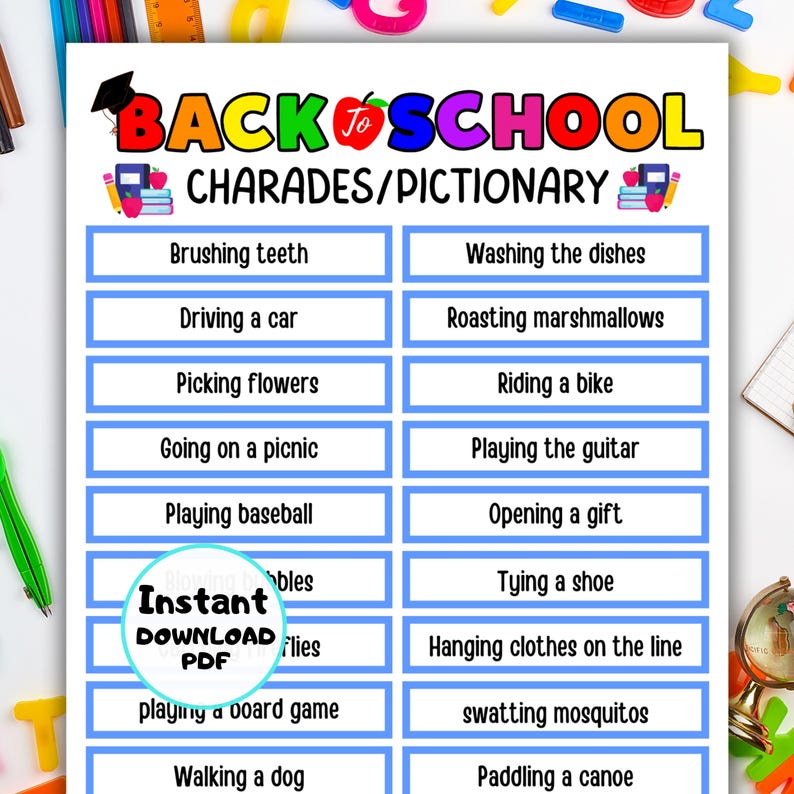 Back to School Charades/ Pictionary Game, Printable Back to School Game ...
