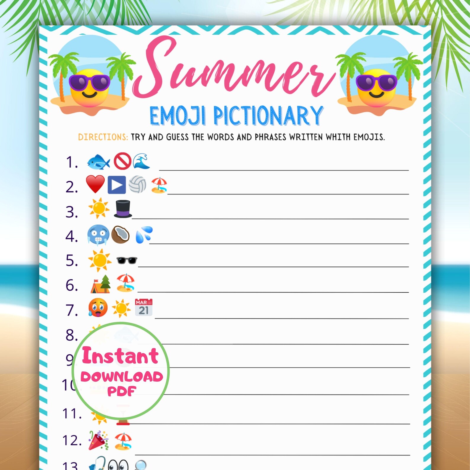 Summer Emoji Pictionary Game, Party Games, Emoji Trivia, Summer ...