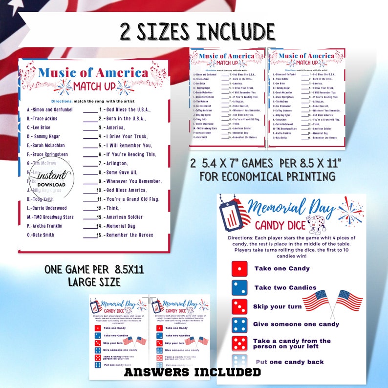 Memorial Day Games, 10 Pack Games, Printable Memorial Day, Game for ...