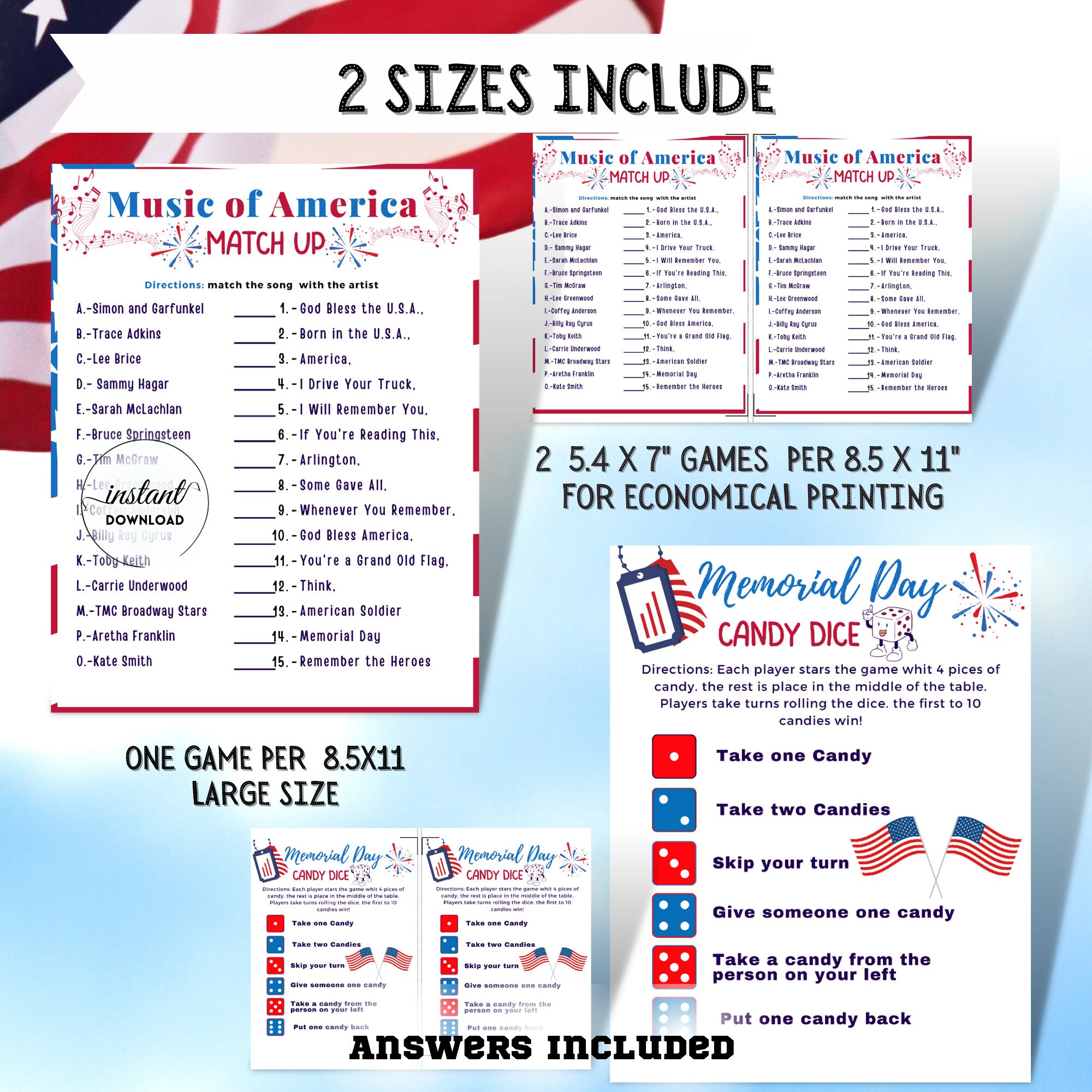 Memorial Day Games, 10 Pack Games, Printable Memorial Day, Game for ...