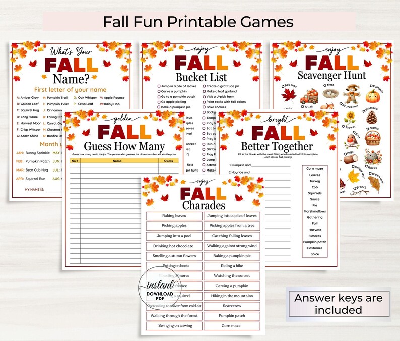 Fall Games Bundle: 65 Printable Activities, Seasonal Trivia, Party ...
