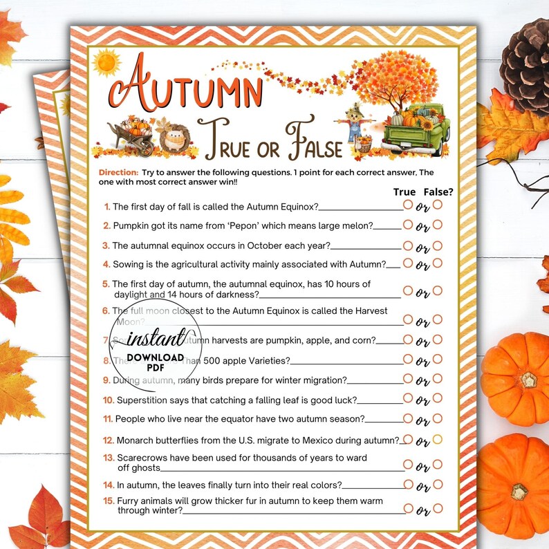 Autumn Trivia, True or False Questionnaire Game, Autumn Printable Game ...