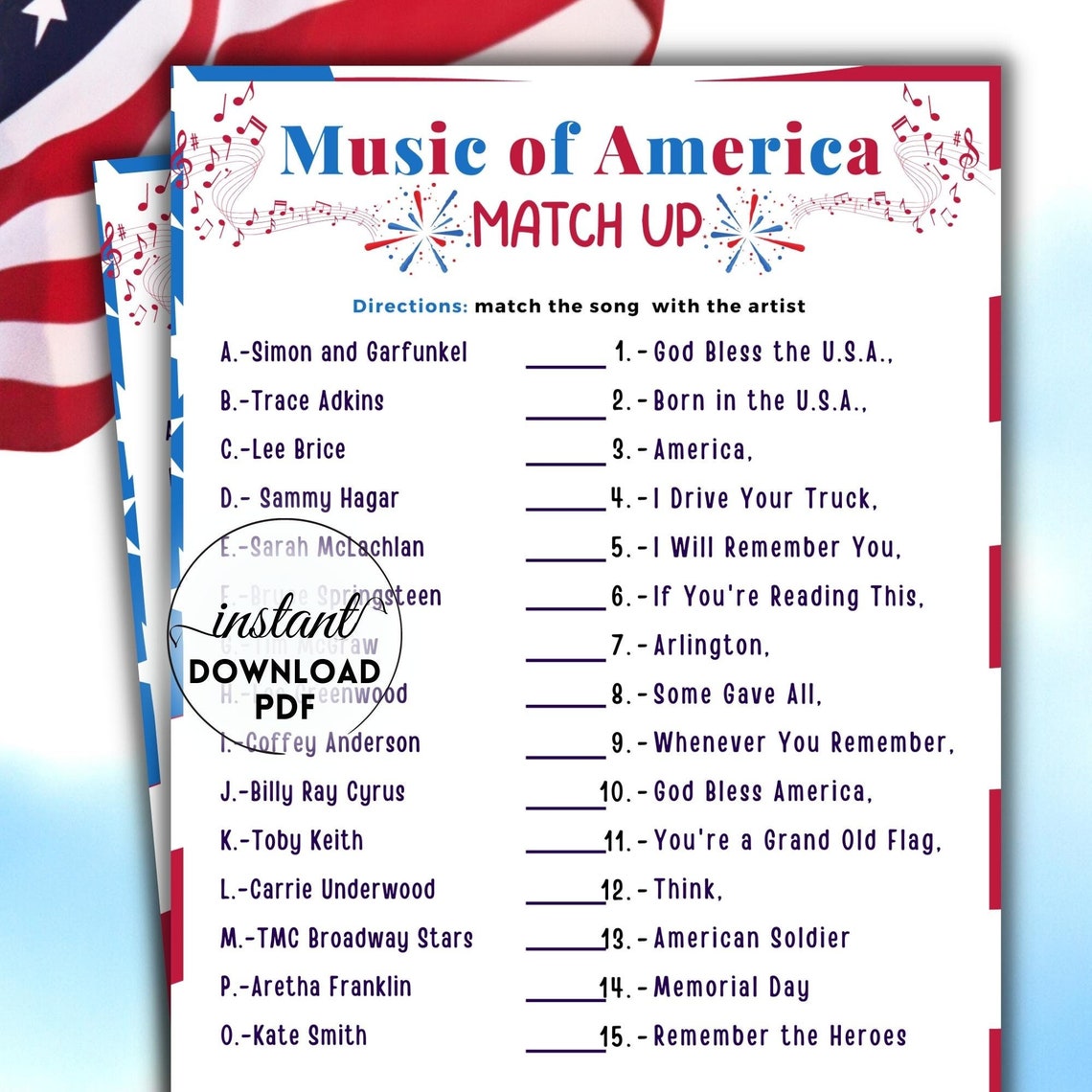 Music of America Match up Game, Printable Family Game, Patriotic Trivia ...