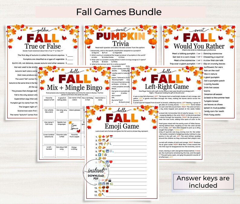 Fall Games Bundle: 65 Printable Activities, Seasonal Trivia, Party ...