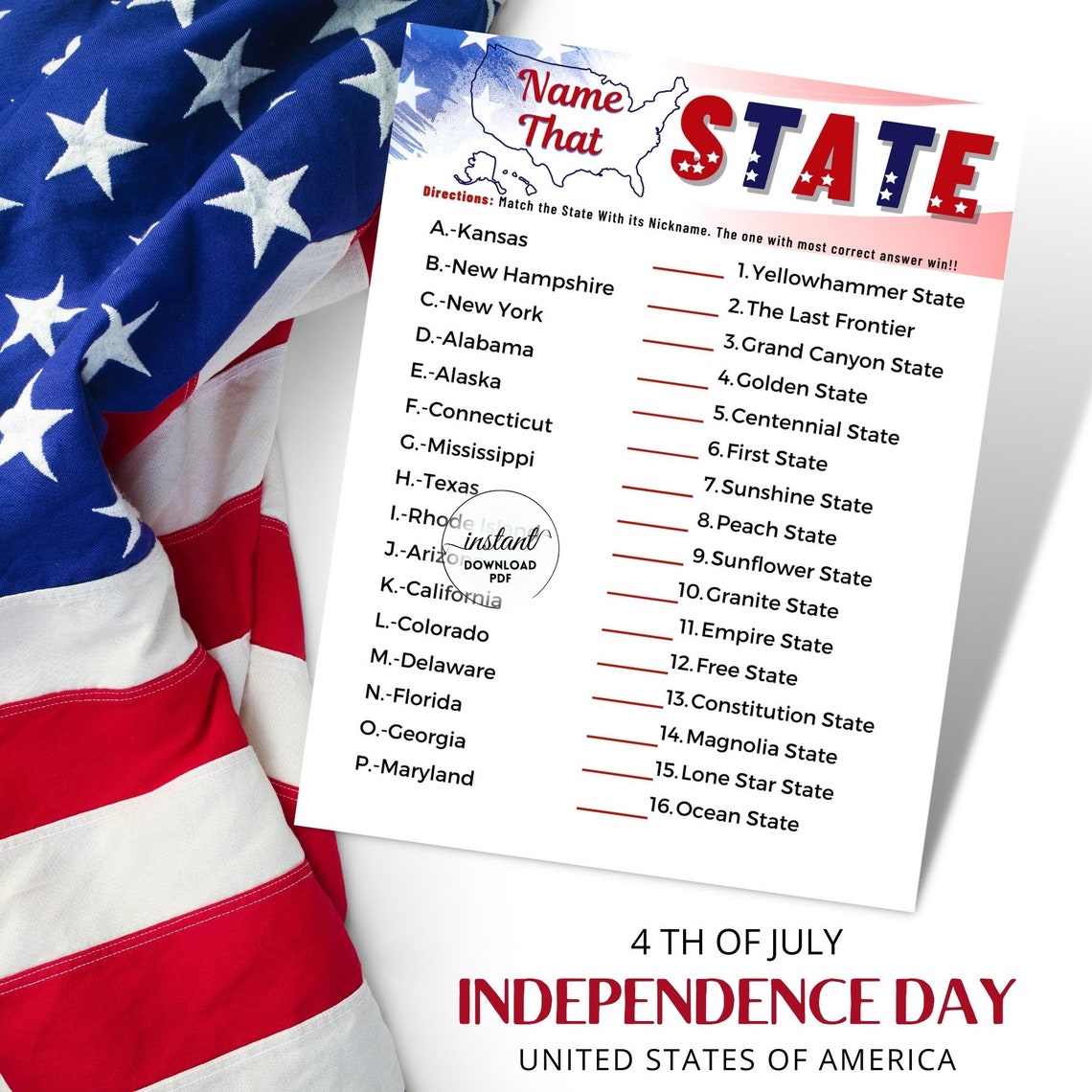 Fourth of July Name the State Game: Patriotic Party Activity (PDF) - Etsy